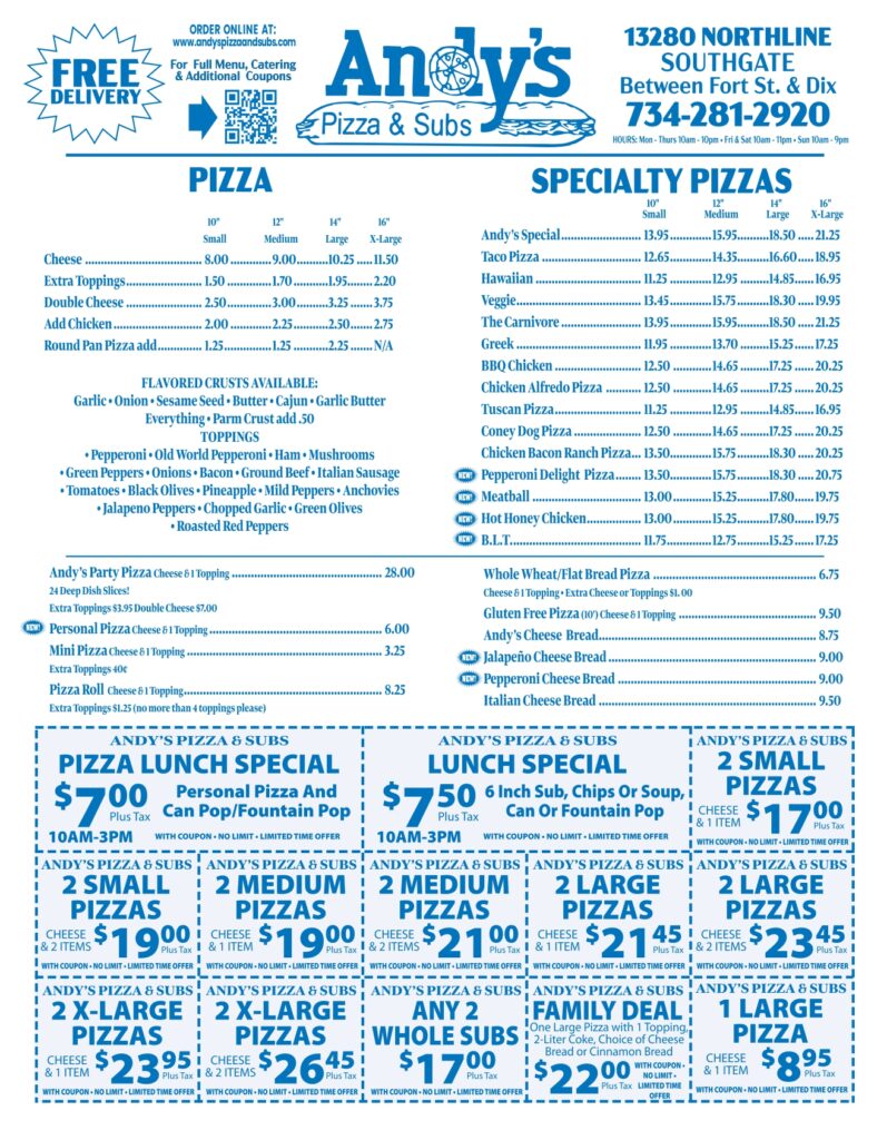Southgate Menu - Andy's Pizza & Subs
